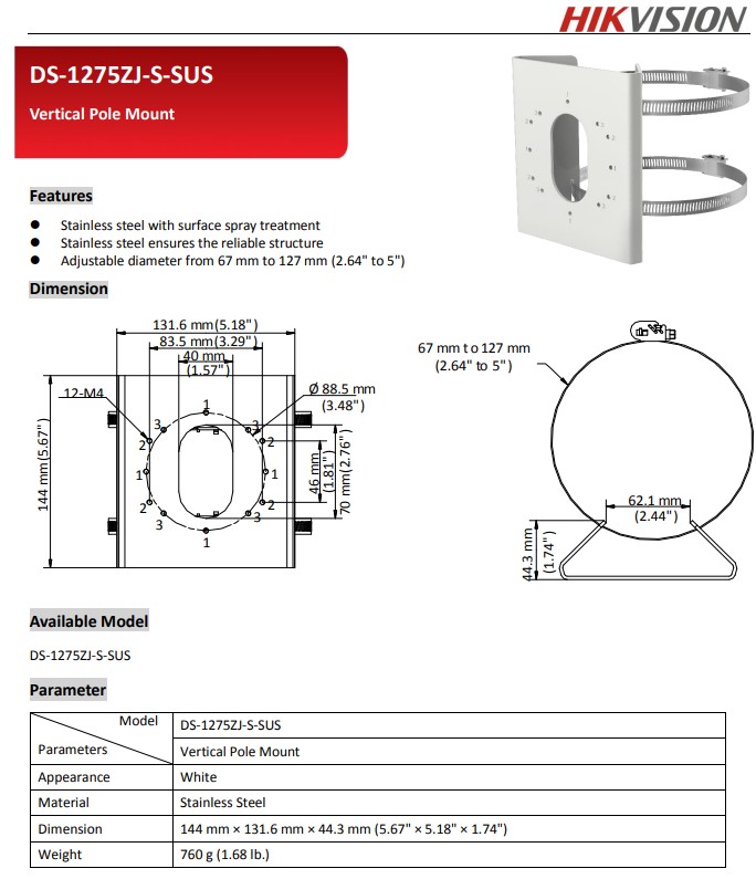 Hikvision DS-1275ZJ-S-SUS - paalbracket, kleine uitvoering - HQ ...